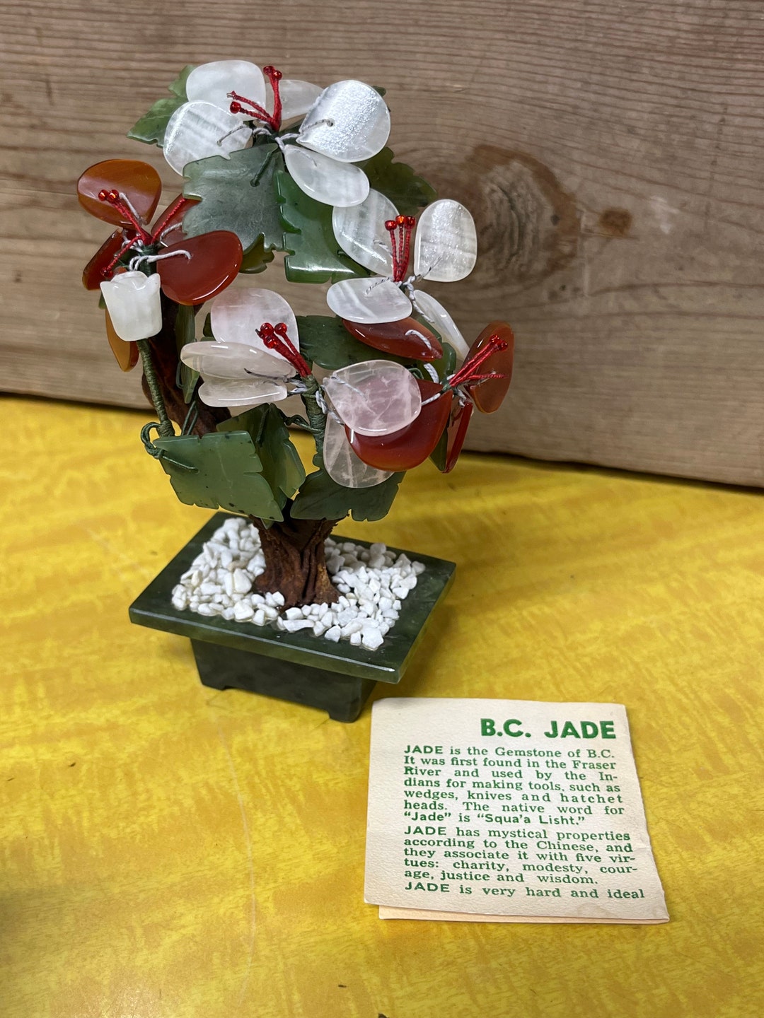 Bonsai TREE SCULPTURE Peking Glass on a Stone and Green Planter “jade ...