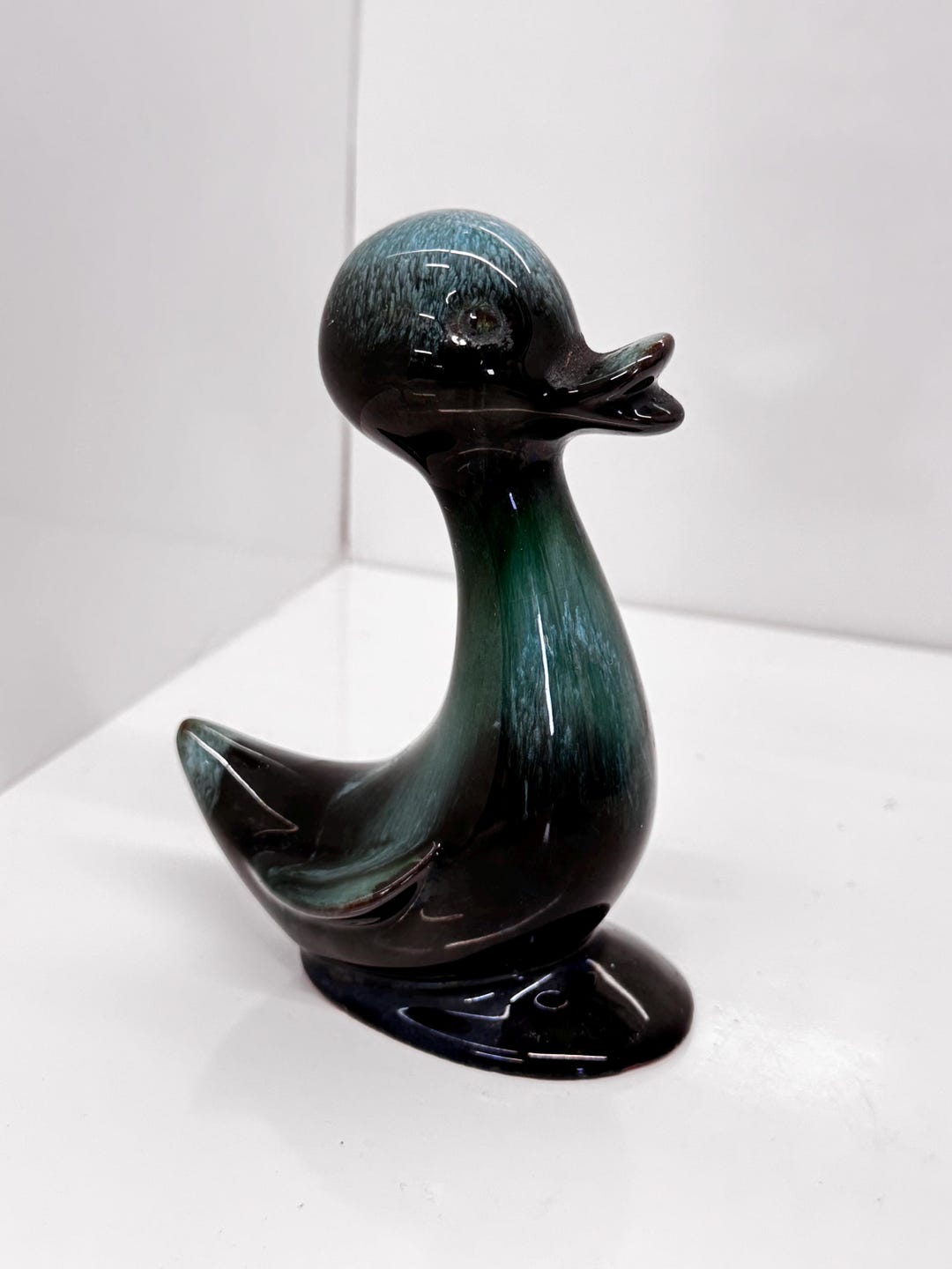 Mini Duck Bird Green Black Ceramic Glaze Vintage MCM Art Pottery Animal ...