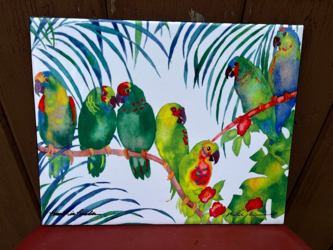 Hanpainted Tile, Parrots in Paradise Ceramic, Trivet, Home Decor, Wall ...