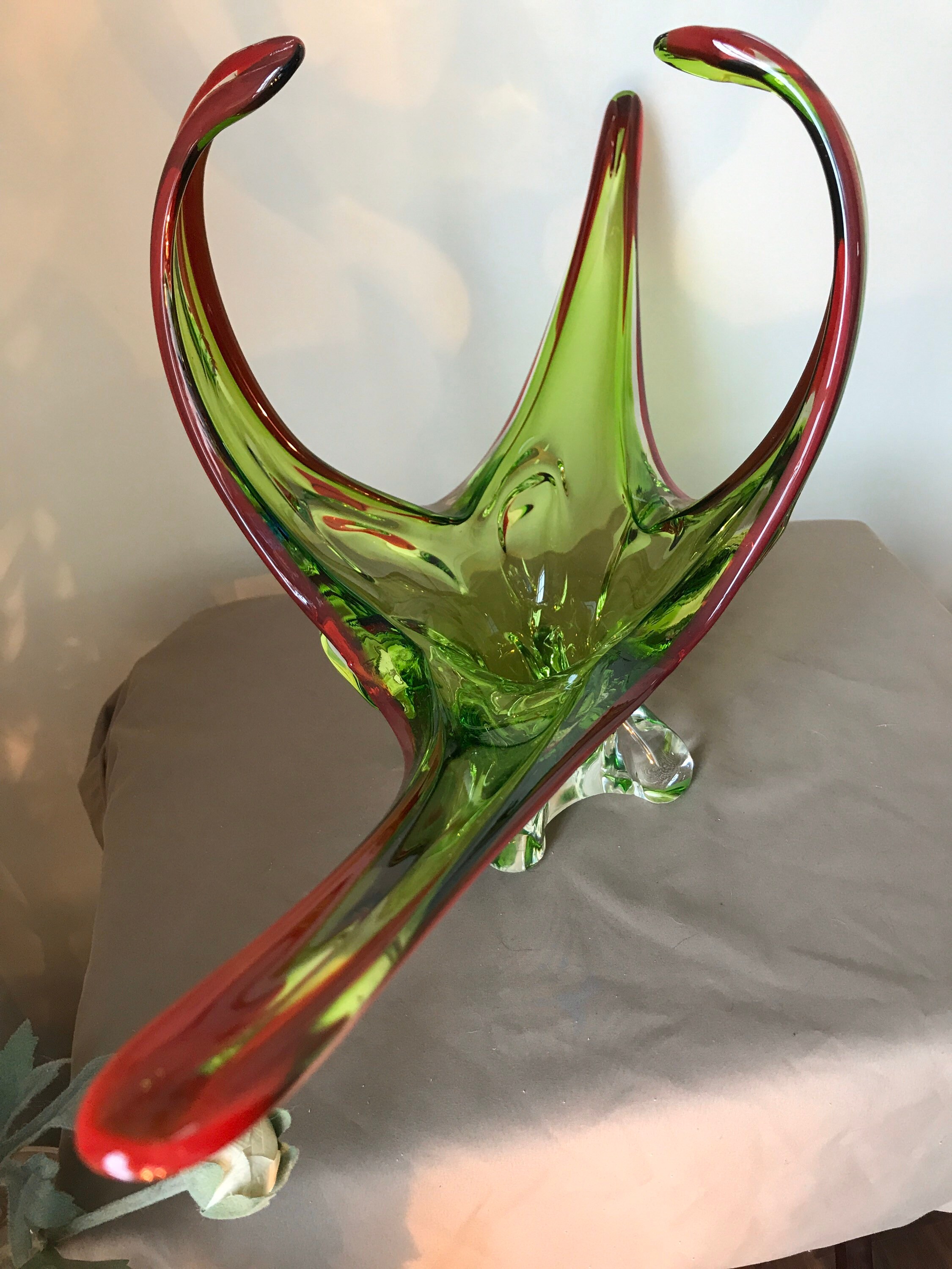 Centre Piece Green Italian Red Orange Pulled Stretched Art Glass ...