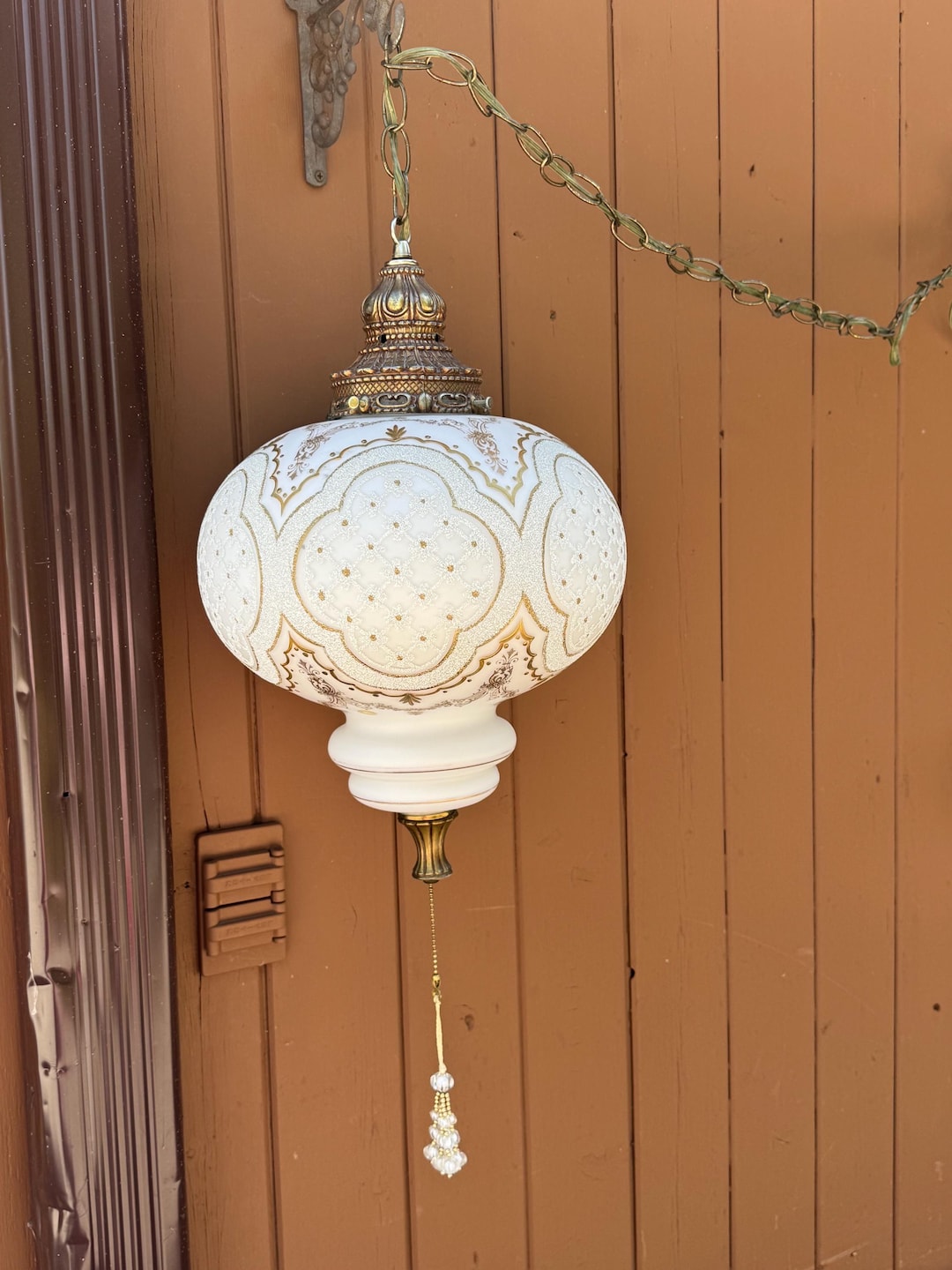 Mid Century White Glass Pendant Lamp: Germany Gold Accent, Vintage Swag ...