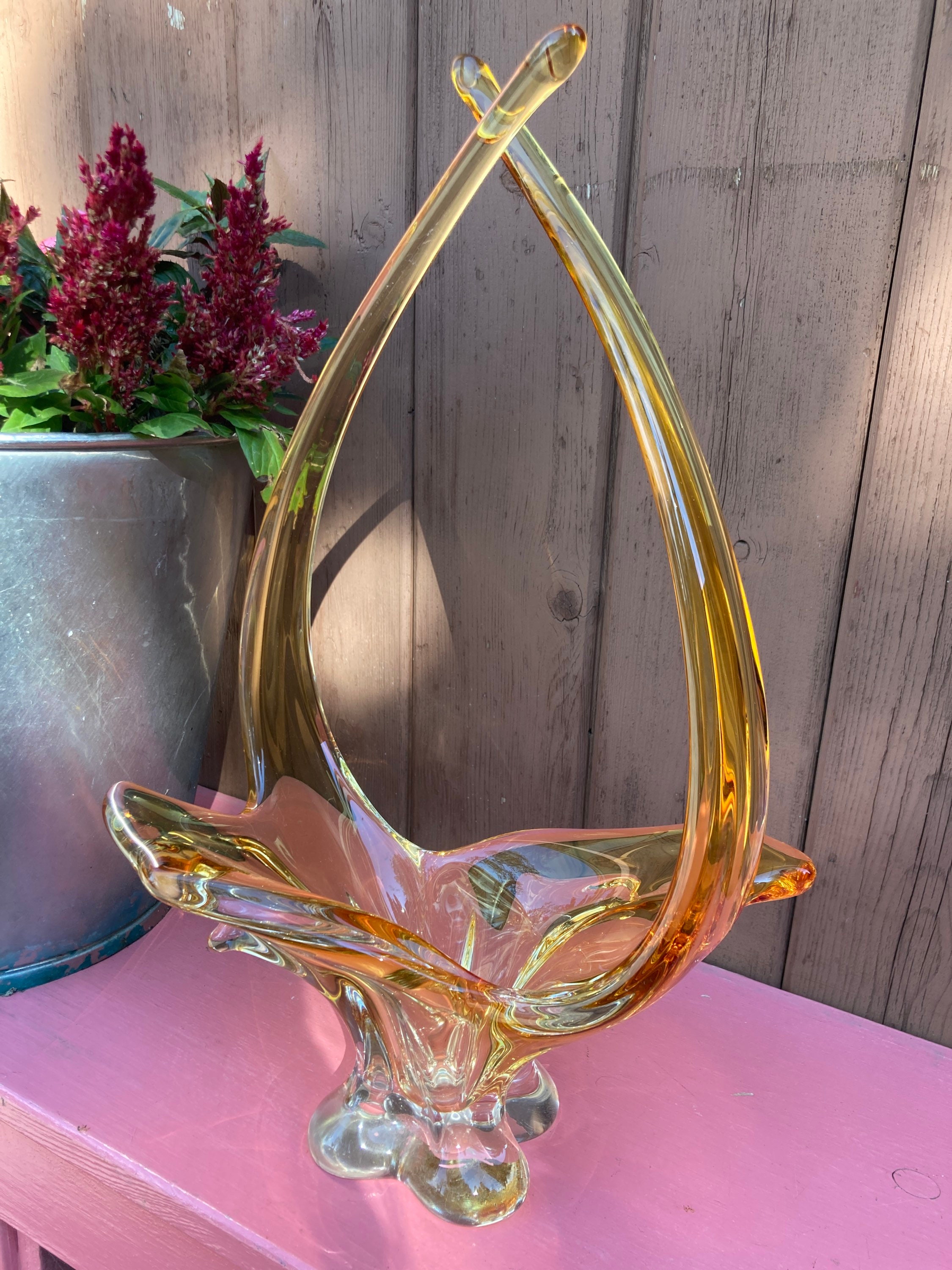 Chalet Basket Signed Art Glass Table Centrepiece Vintage Etsy