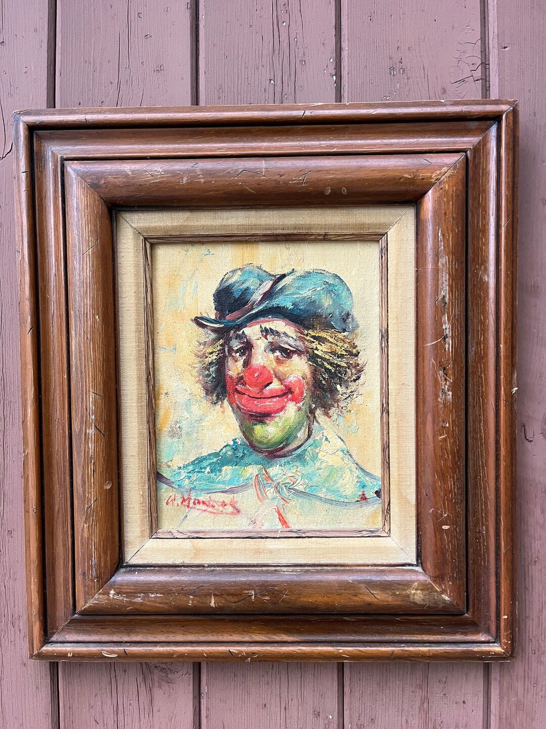 Signed W. Moninet Oil on Board Framed Colourful Clown Painting Vintage Clown Signed Artist ...