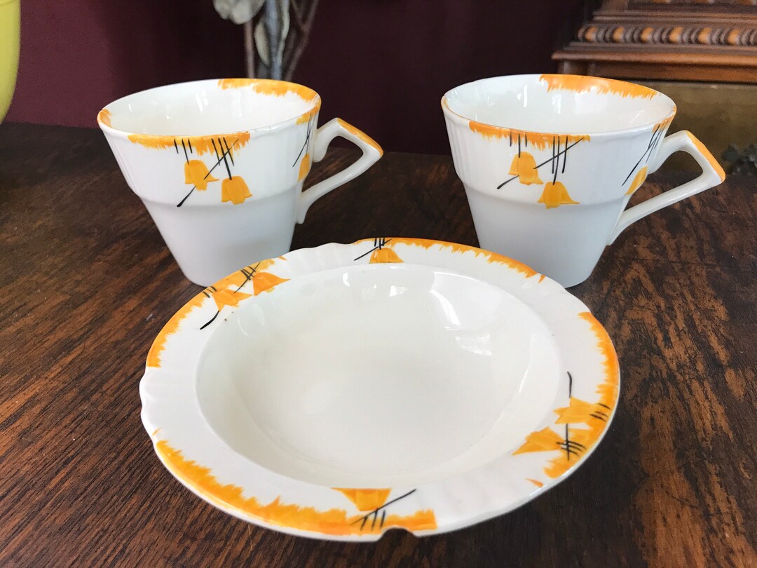 Myott Art Deco Tea Cup and Berry Bowl: Hand-painted Tulip Vintage Bone ...