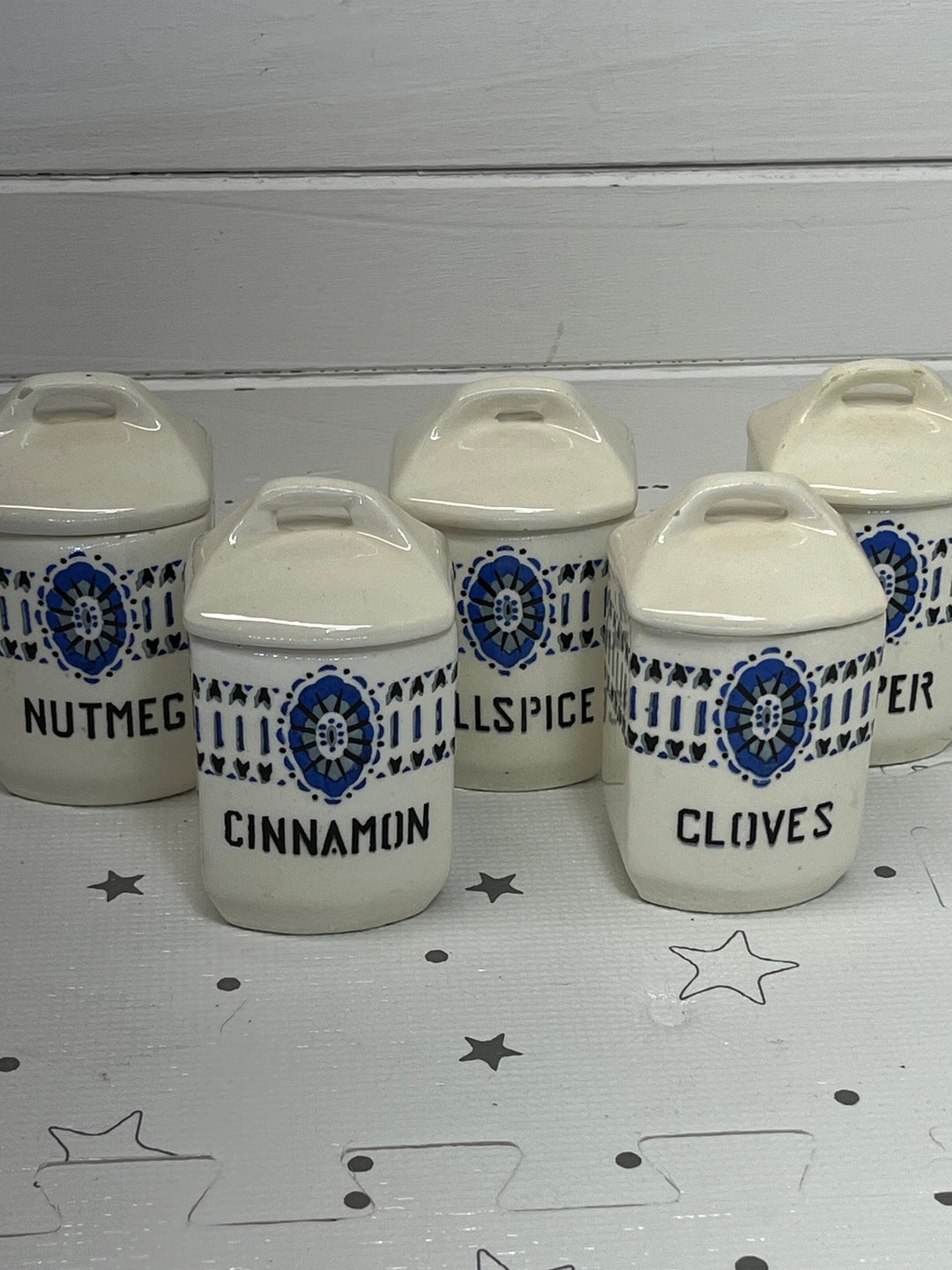 Spices, Jars, 5 Spice Set, Vintage , Spice Lidded Ceramic Lid Pot Old ...