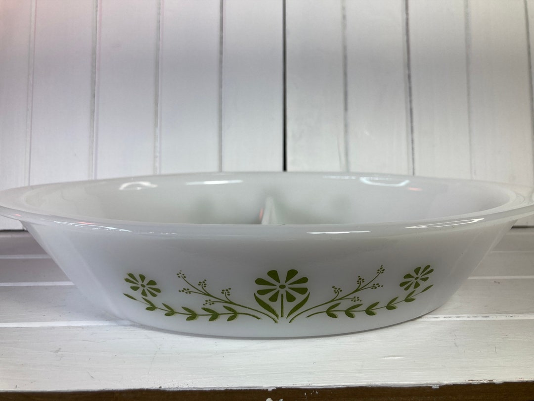 Glasbake GREEN DAISY Ovenware Bakeware, Divided Serving Dish, Oval ...