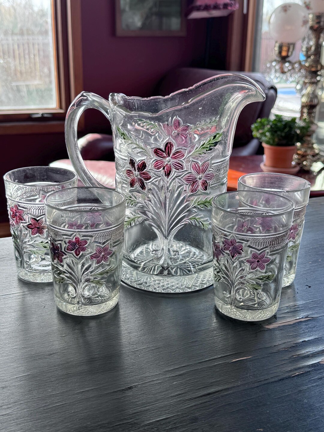 Antique Indiana Glass Pitcher & Tumbler Set: Narcissus Spray, EAPG - Etsy