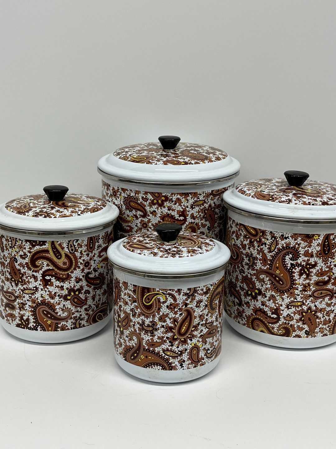 Vintage Enamel Canister Set: Mid Century Modern Paisley Kitchen Storage ...