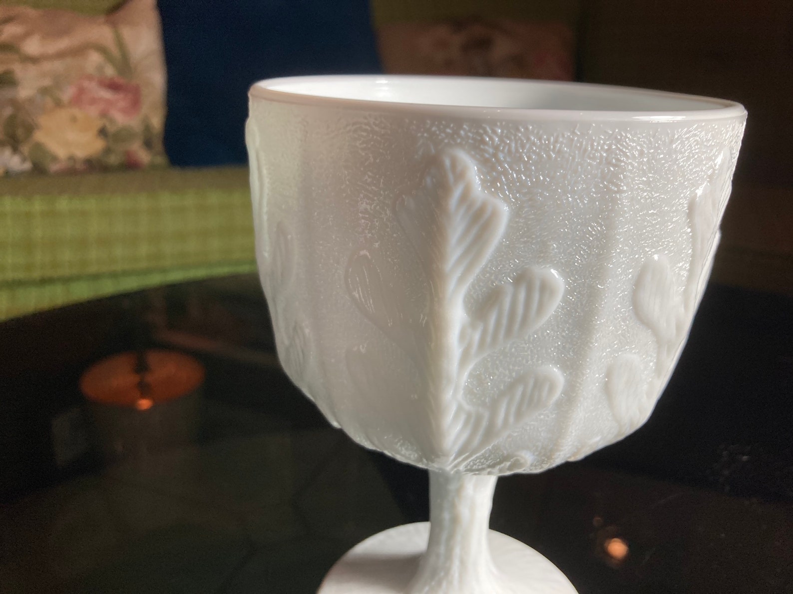 Milk Glass Chalice Goblet Classic Oak Leaf Vintage Wine Glass Stemware ...