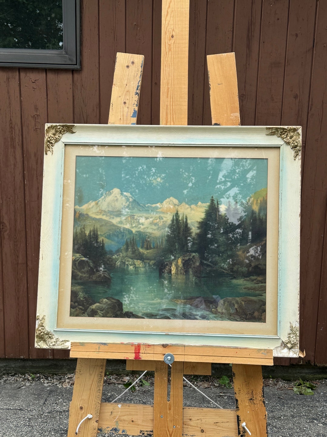 ARTWORK Mountain Lake Scenery Wood Frame Behind Glass Lithograph ...