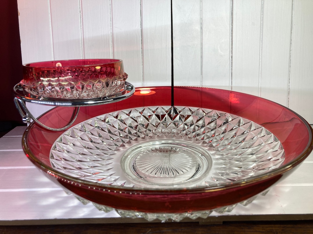 Indiana Glass Ruby Flash Band Crystal Diamond Point Chip Dip Bowl Set ...