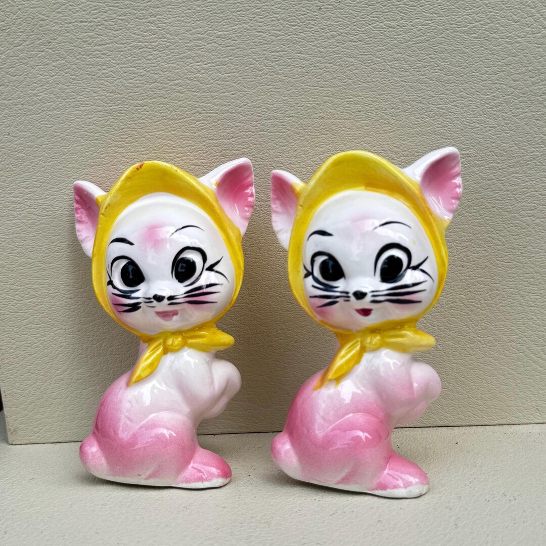 Anamorphic Cats, Pair, Japan, Kawaii Ceramic Glaze, Hand Painted ...