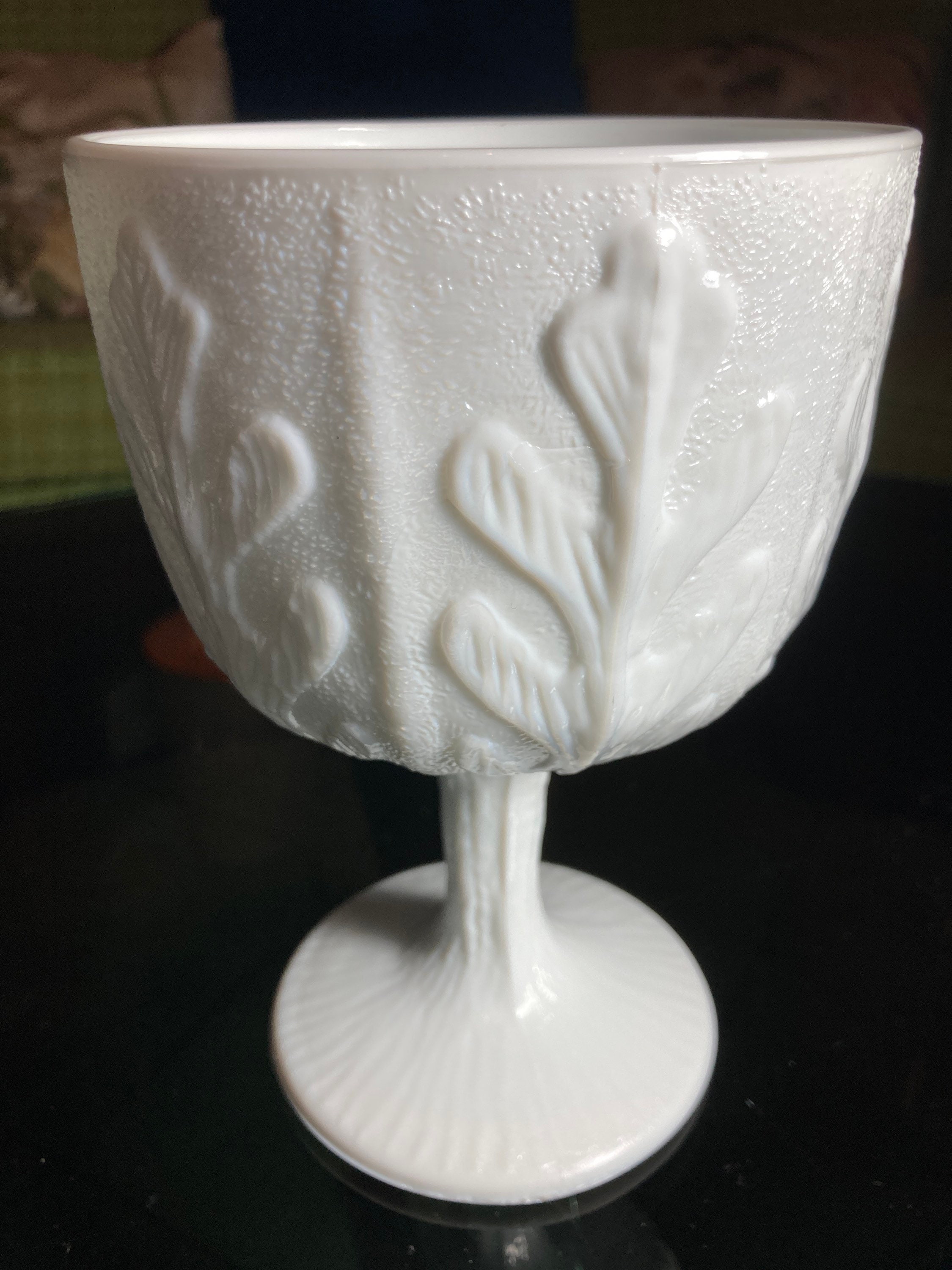 Milk Glass Chalice Goblet Classic Oak Leaf Vintage Wine Glass Stemware ...