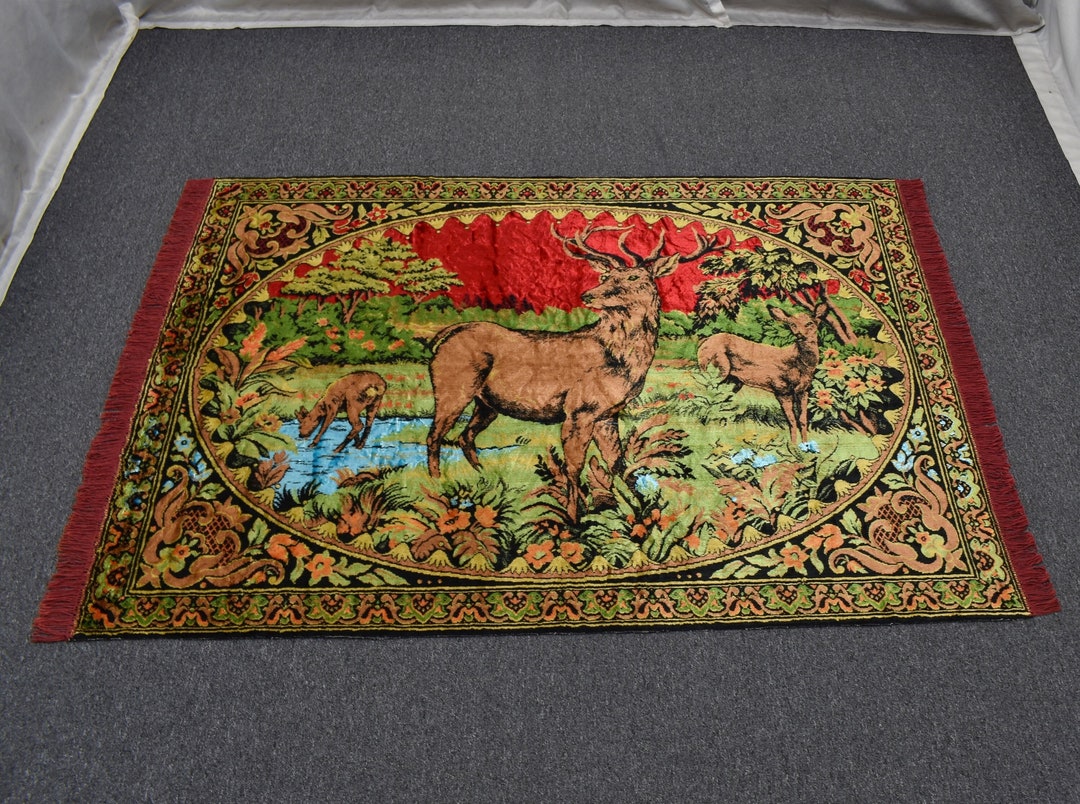 Vintage Deer in the Jungle Tapestry 4x6 Velvet Art Décor Wall Hanging ...