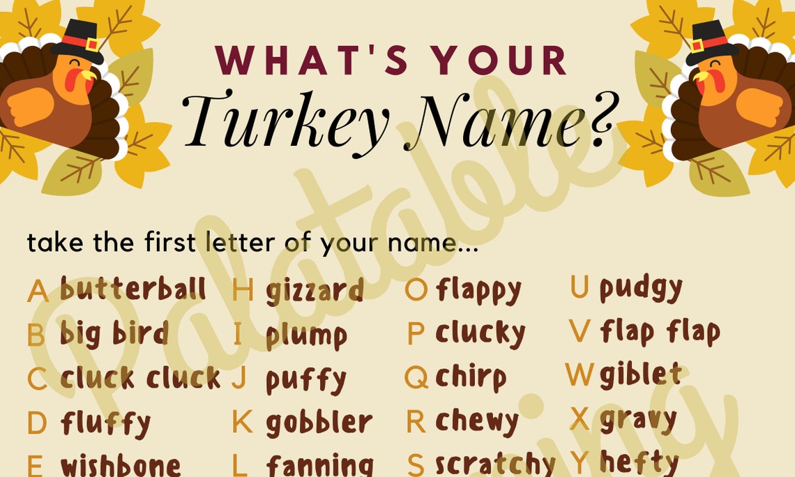What's Your Turkey Name? Thanksgiving Game, Party Game, Friendsgiving ...