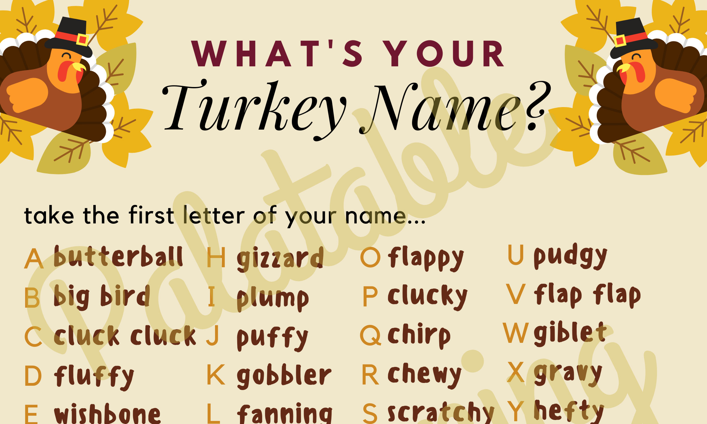 What's Your Turkey Name? Thanksgiving Game, Party Game, Friendsgiving ...