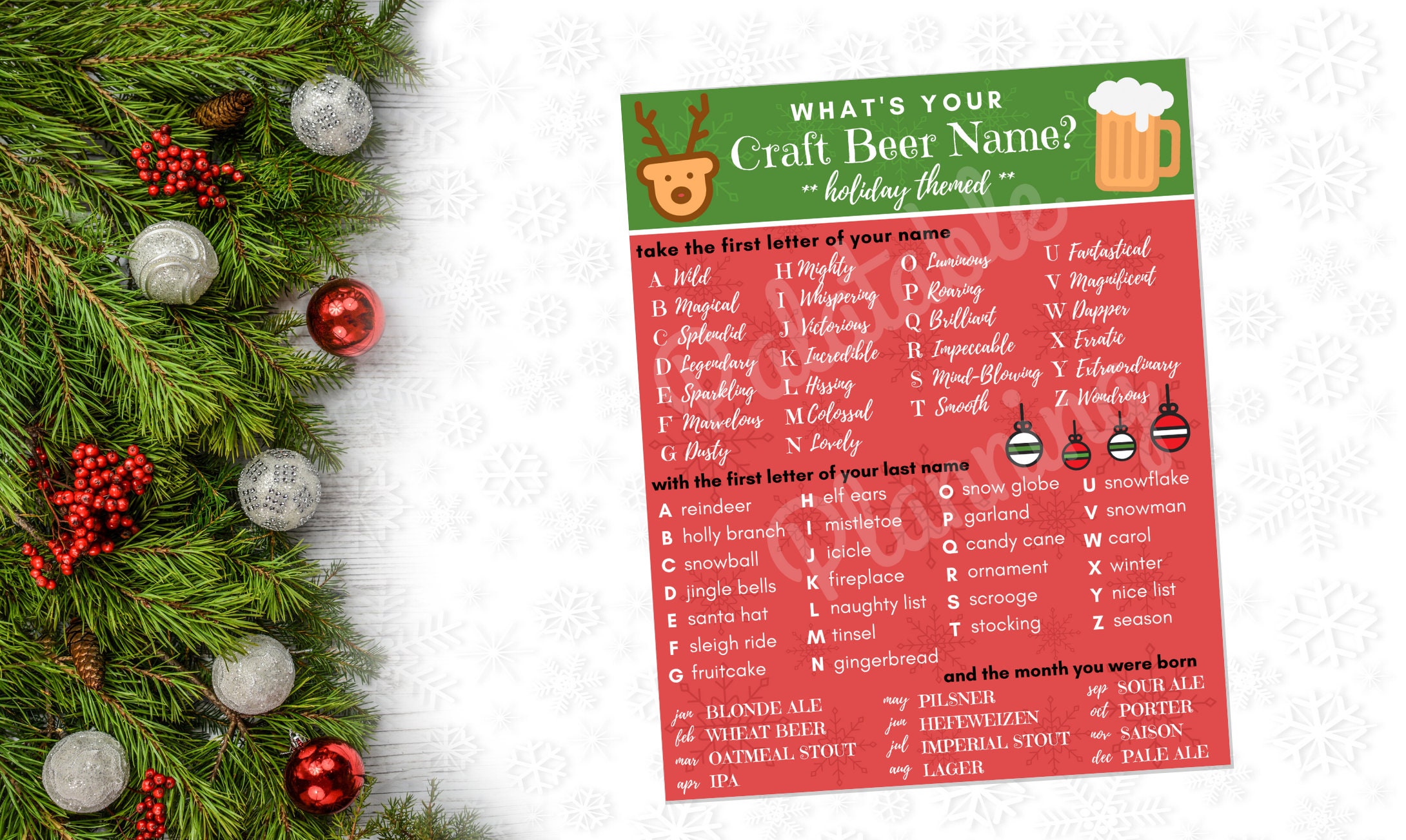What's Your Craft Beer Name? Holiday Themed, Christmas Party, Printable ...