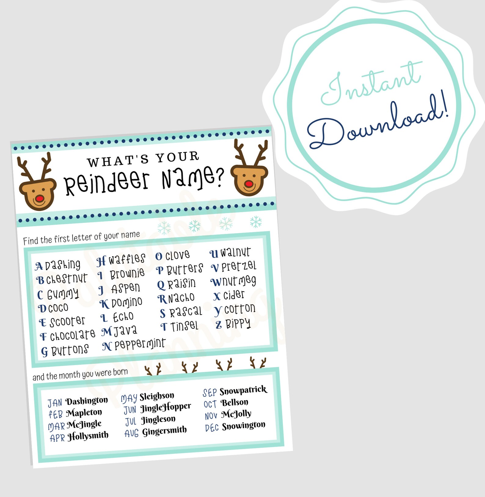 What's Your Reindeer Name Christmas Game, Party Game, Holiday Printable ...