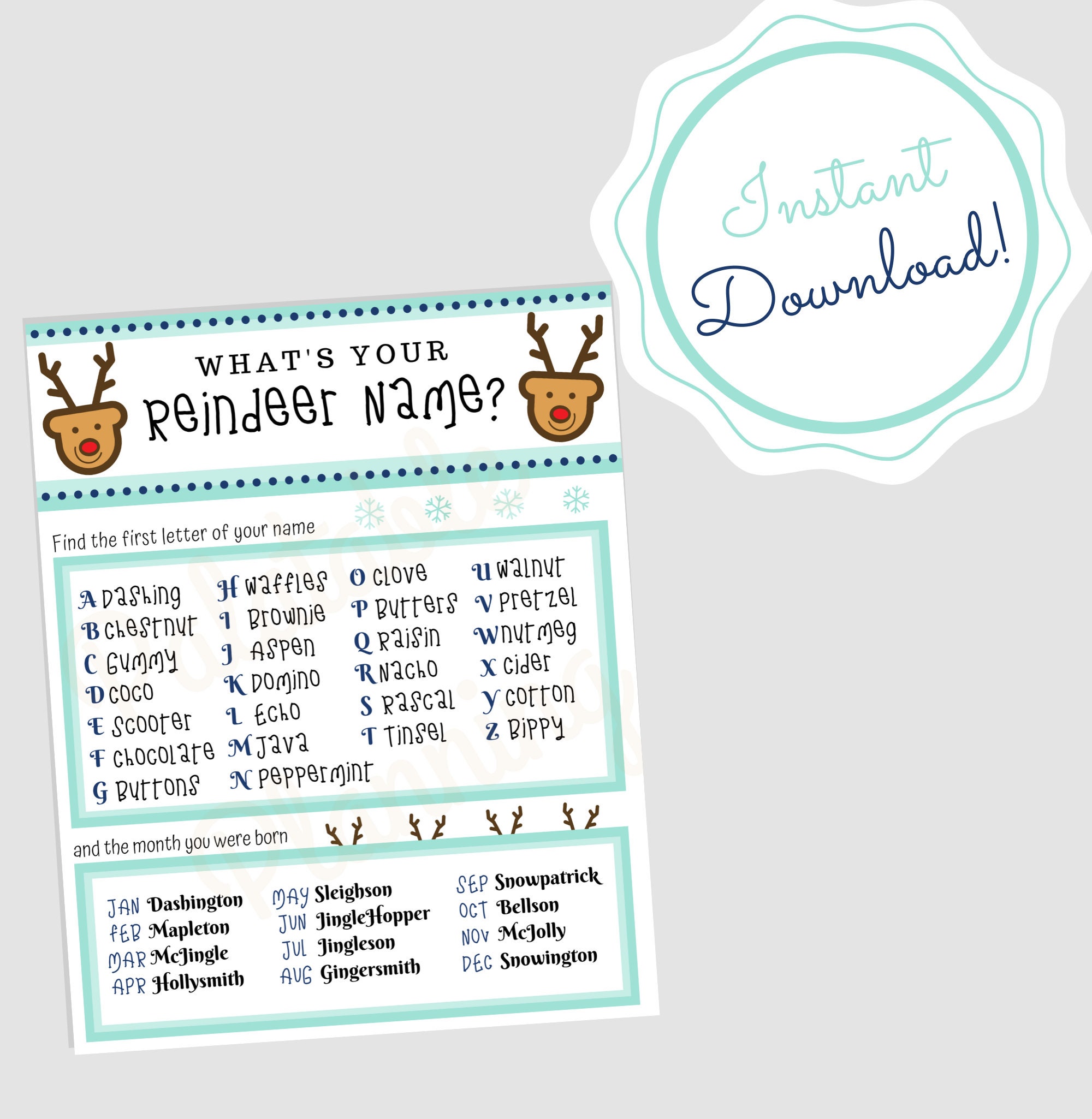 What's Your Reindeer Name Christmas Game, Party Game, Holiday Printable ...