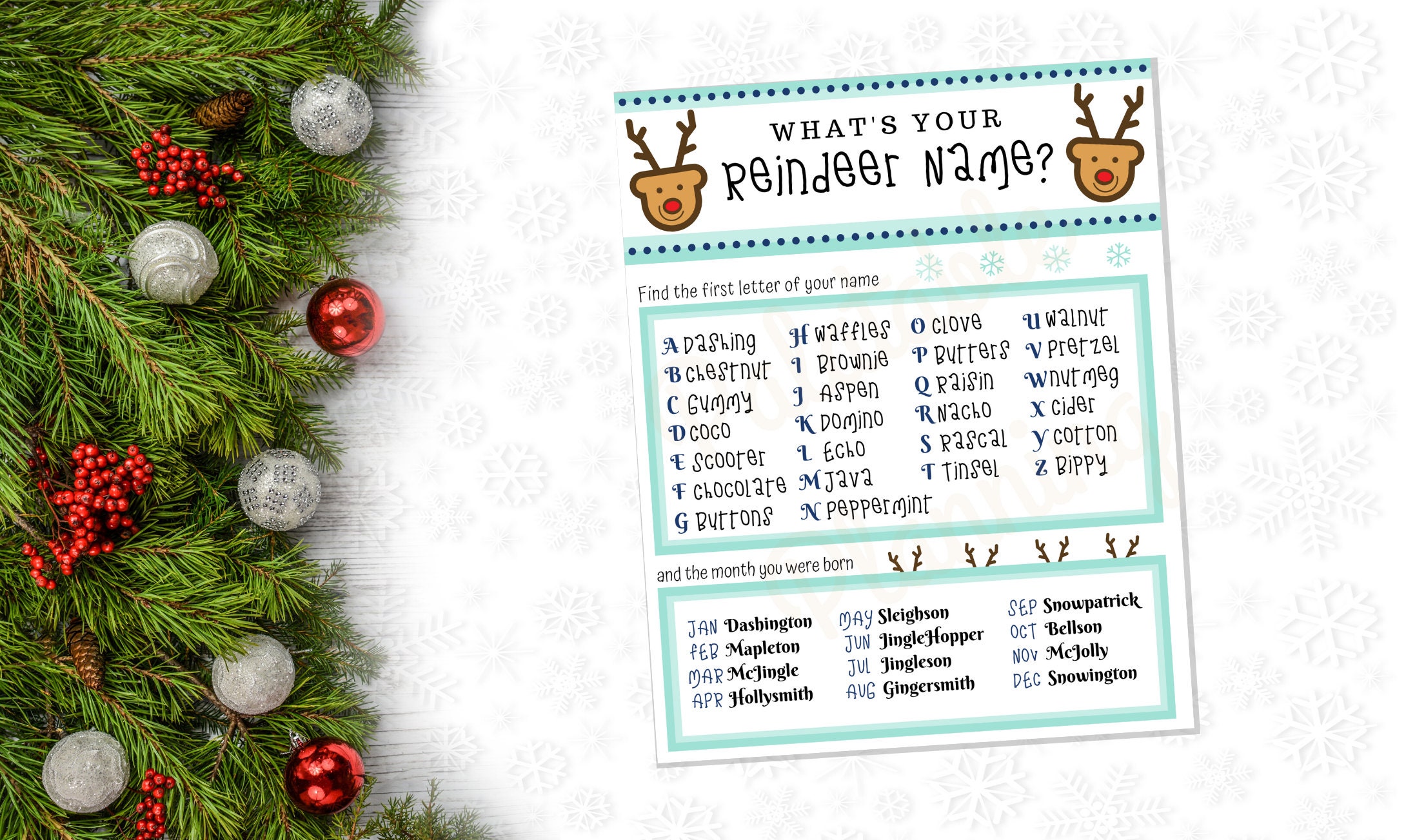 What's Your Reindeer Name Christmas Game, Party Game, Holiday Printable ...