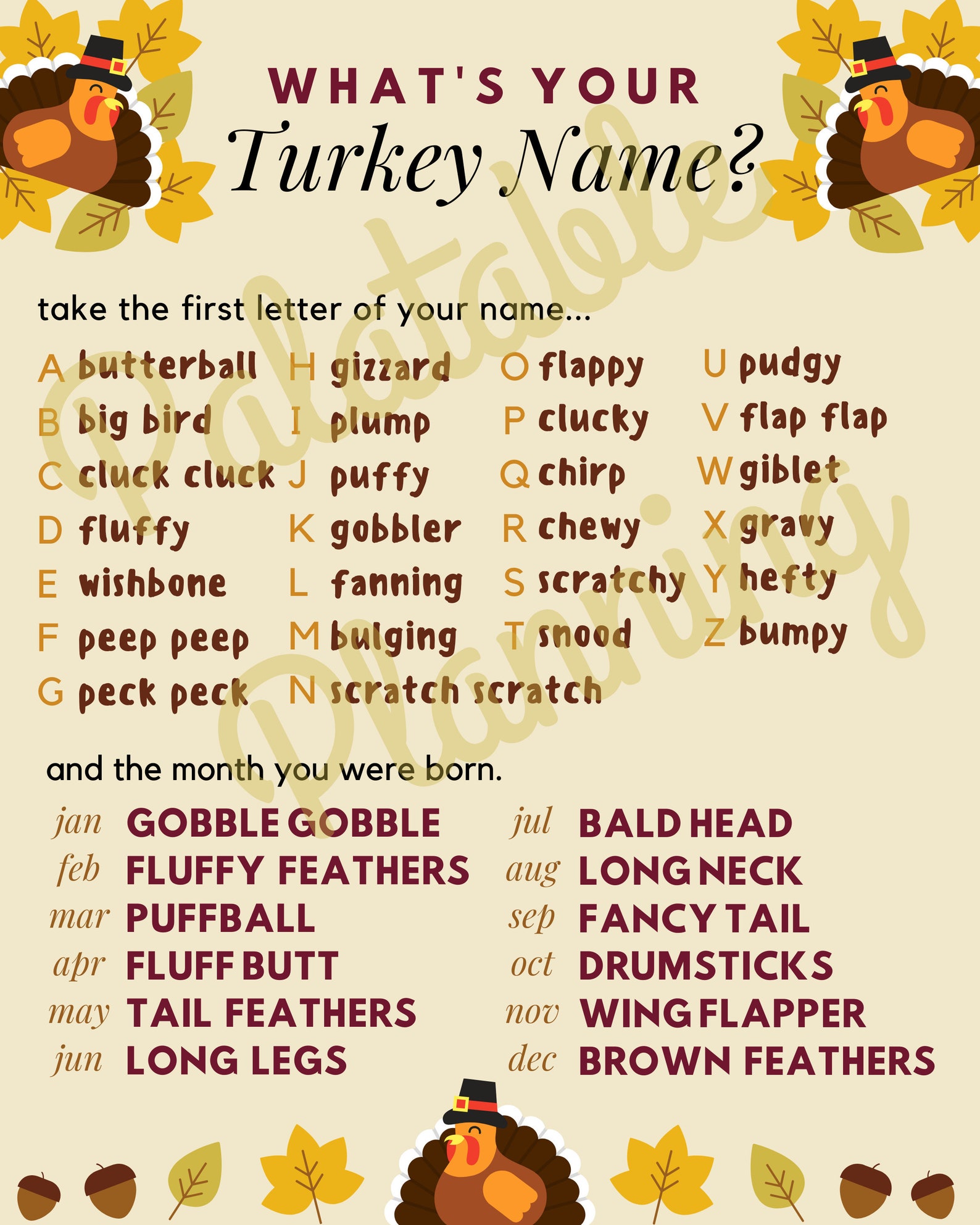 What's Your Turkey Name? Thanksgiving Game, Party Game, Friendsgiving ...