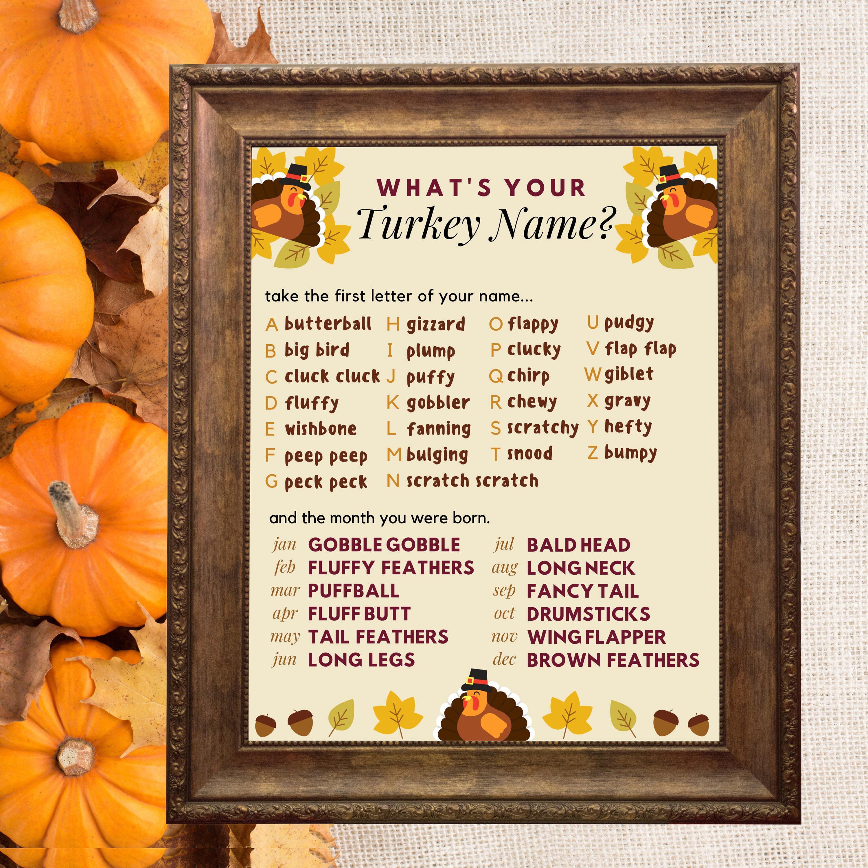 What's Your Turkey Name? Thanksgiving Game, Party Game, Friendsgiving ...