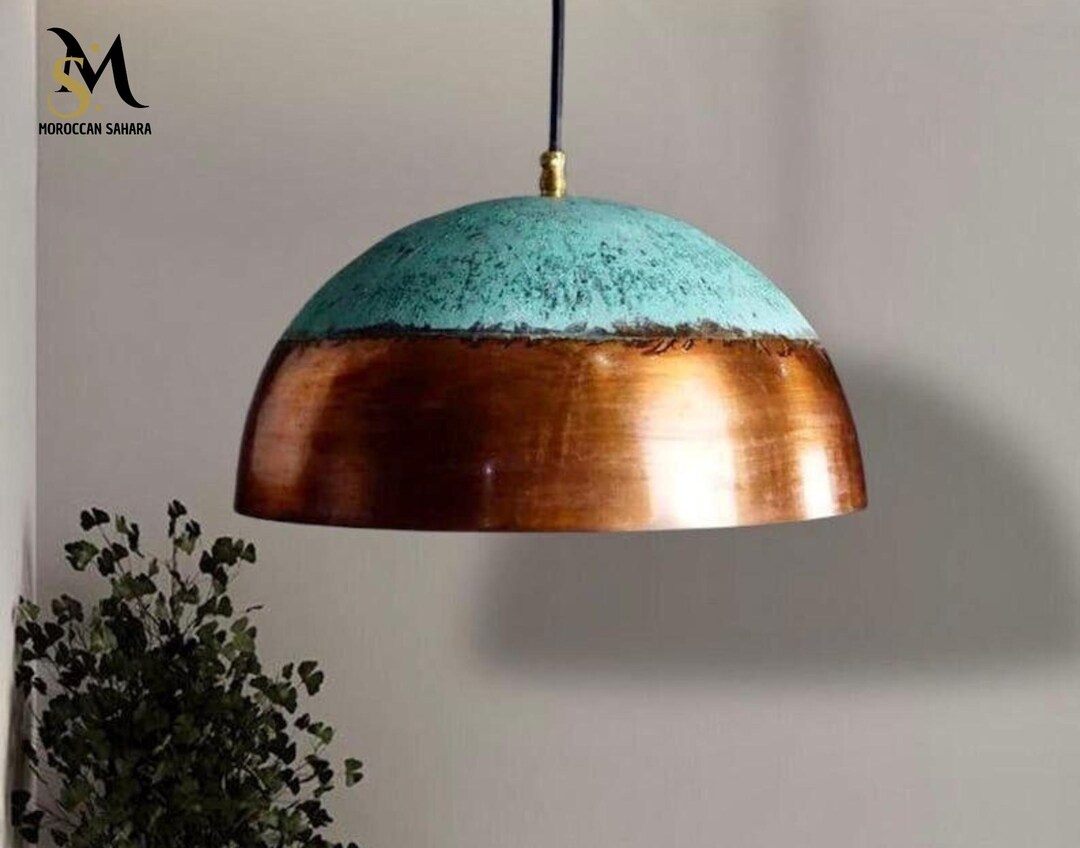 Copper Pendant Farm Light Fixture, Green Patina Copper Hanging Light ...