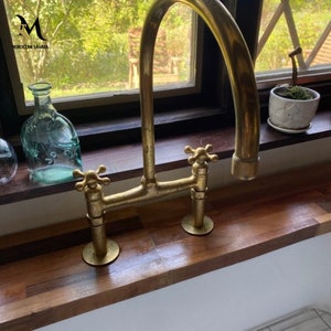 Unlacquered Brass Kitchen Faucet, Solid Brass 8" Bridge Faucet With ...