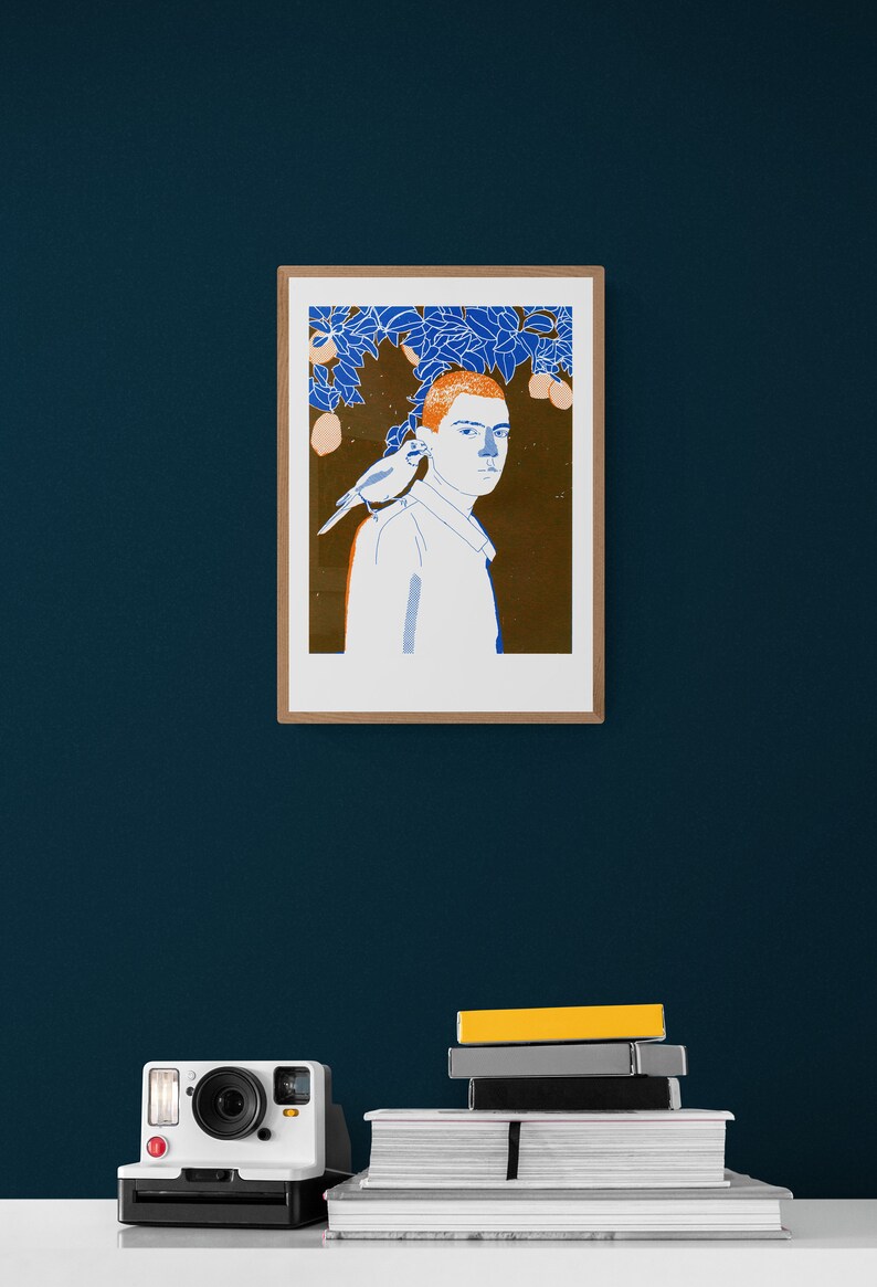 Two Colour Original Screenprint. Boy With a Bird - Serigraph Print ...