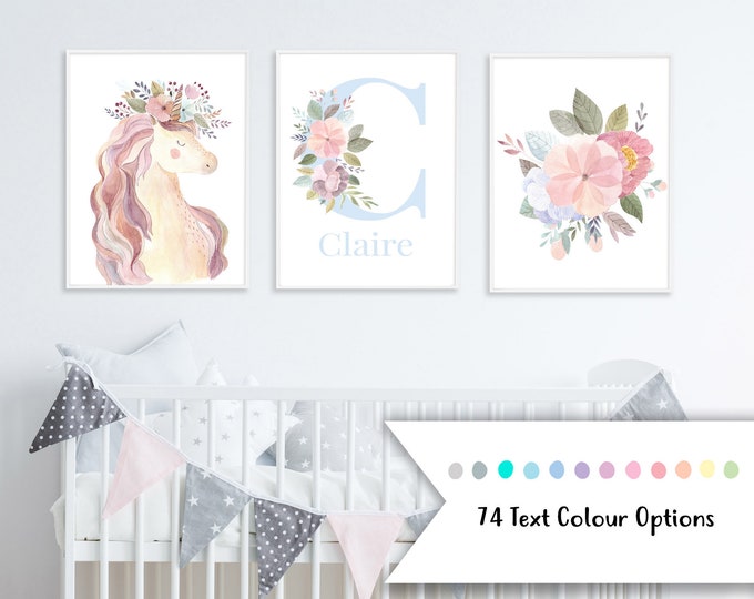 Customised Baby Name Print, Floral Unicorn Wall Art, Personalised ...