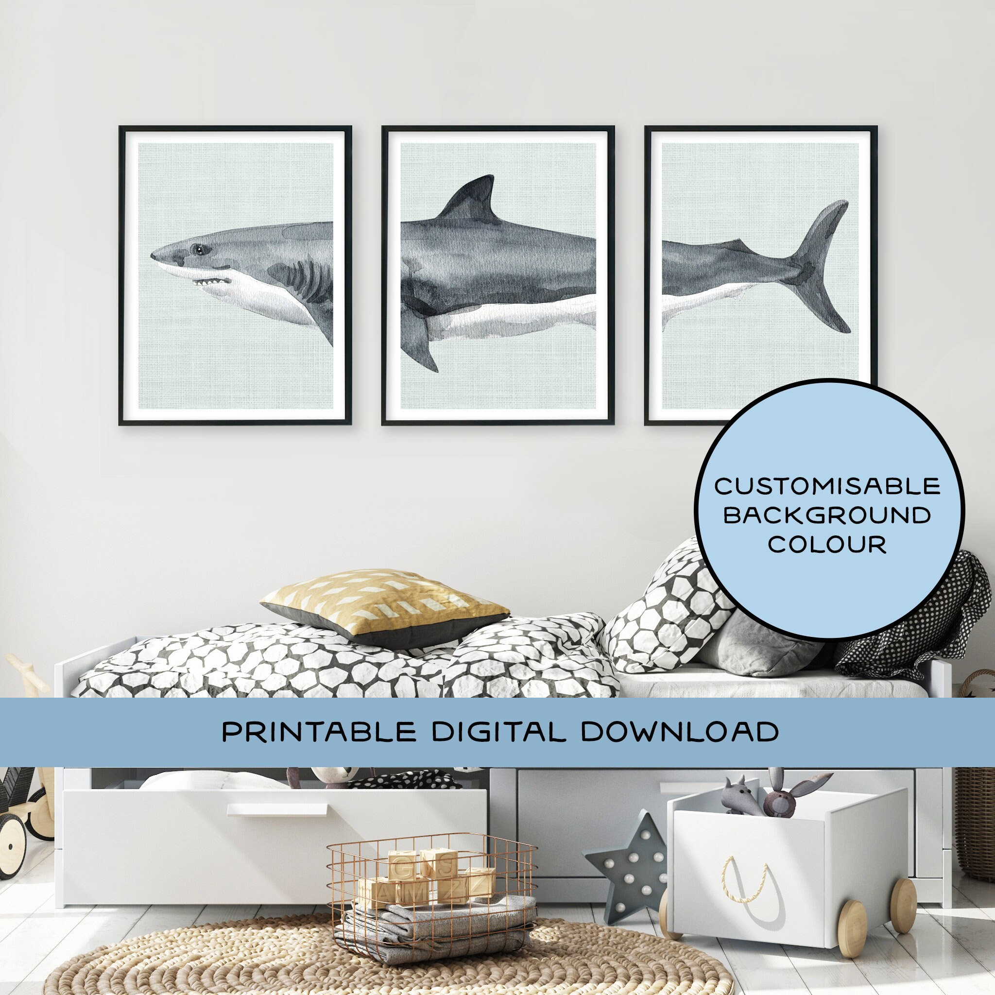 DIGITAL DOWNLOAD Printable Great White Shark 3 Part Print Set | Etsy