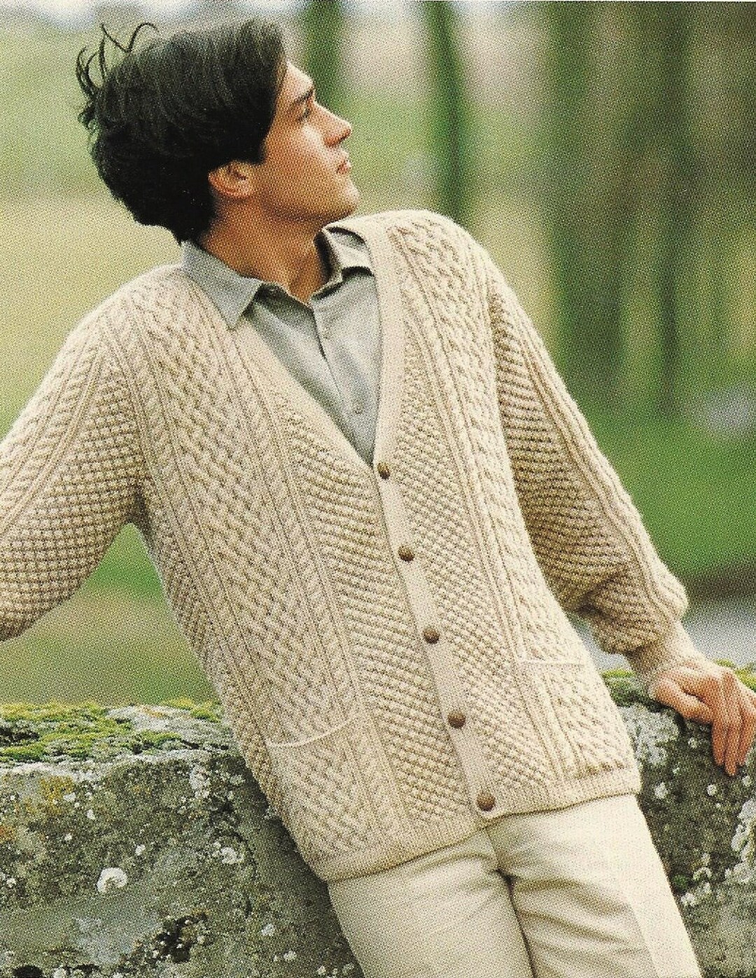 Knitted Aran Cardigan/cable Pattern, for Men, Open Front With Buttons ...