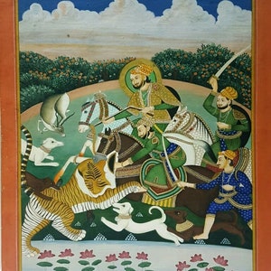 Fine Indian Miniature Painting Royal Hunting Scene Large 16'' X 12.5 ...