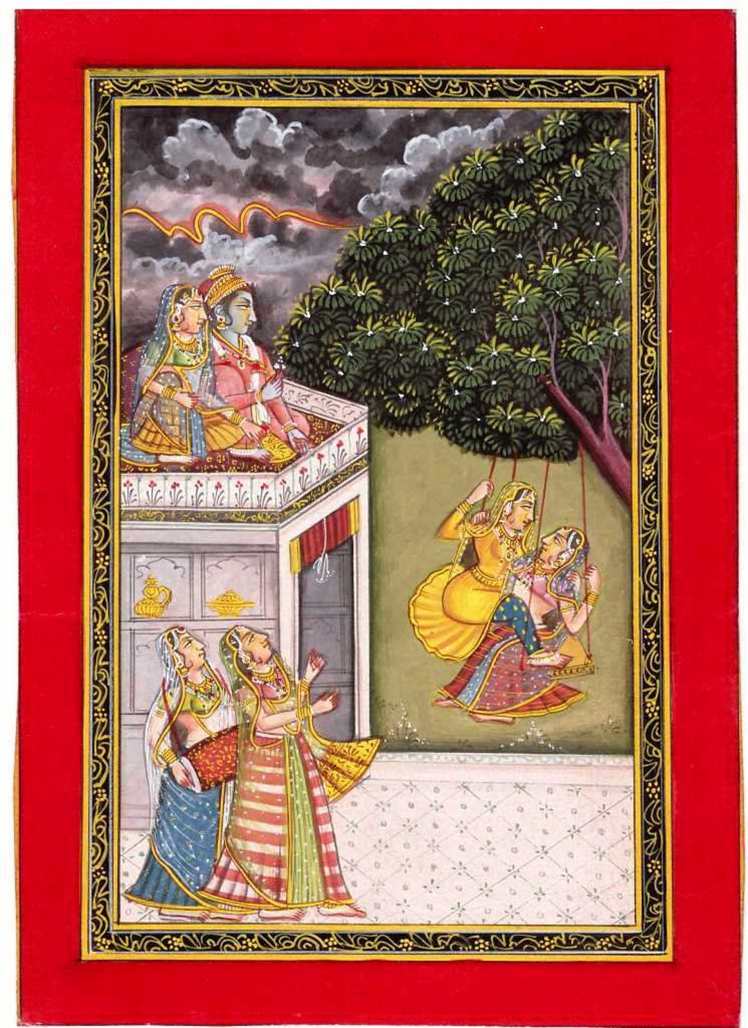 Indian Miniature Painting of Radha & Krishna With Sakhi's Fine Home ...