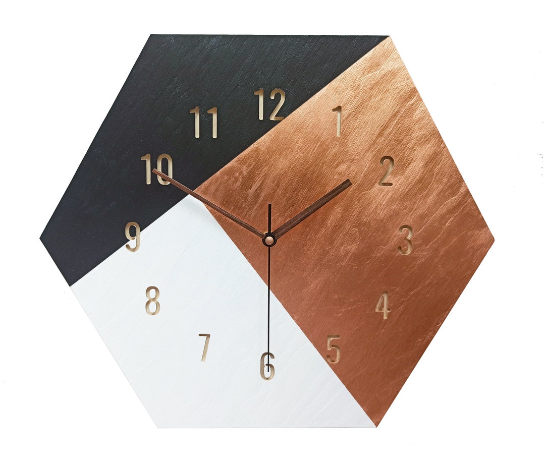 Hexagon Wood Wall Clock: Copper, Black & White - Silent Clock - Etsy