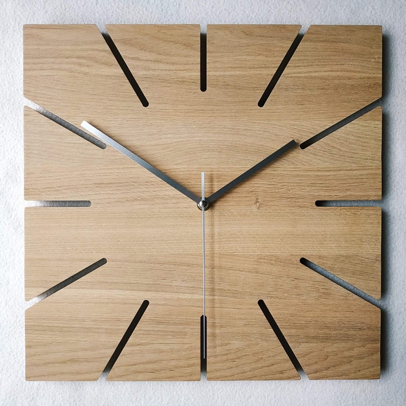 Square Oak Wood Wall Clock: Modern Minimalist Silent Decor 14'', 36cm ...