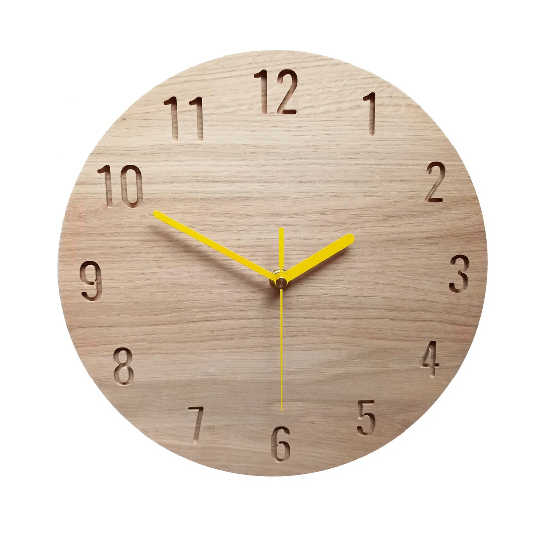 Modern Silent Clock, Oak Wood Clock, Wall Clock, Engraved Numbers Clock ...