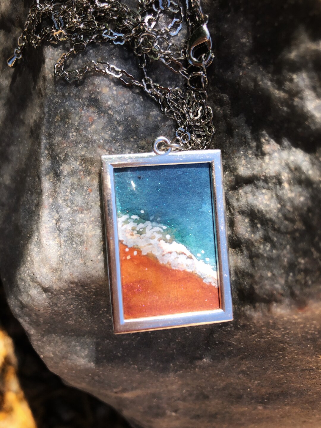 Watercolor Miniature Art Necklace Hand Painted, Tiny Beach Painting Pendant, Original Framed ...