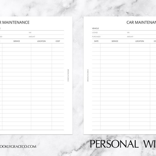 Car Maintenance Personal Wide Printable Planner Inserts - Etsy