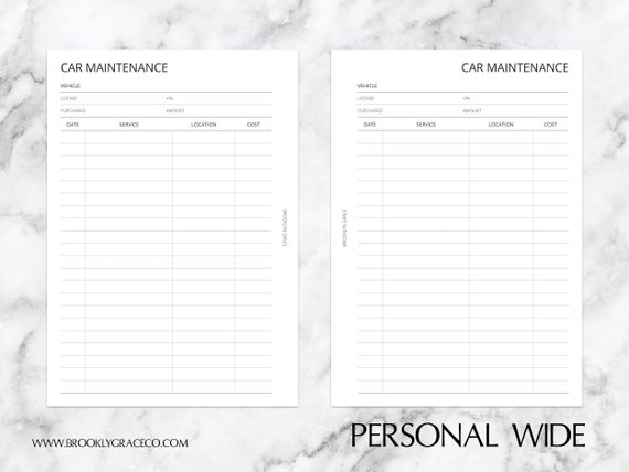 Personal Wide PRINTABLE Car Maintenance Planner Insert | Etsy