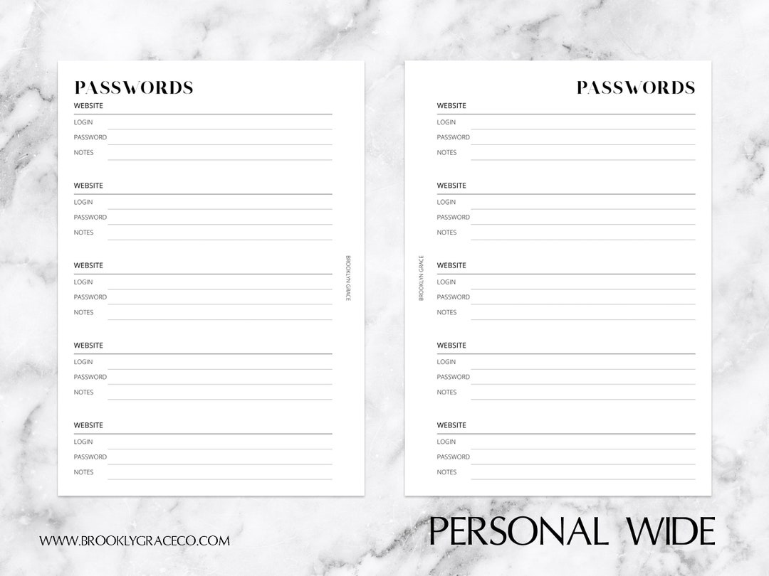 Personal Wide PRINTABLE Password Planner Insert - Etsy