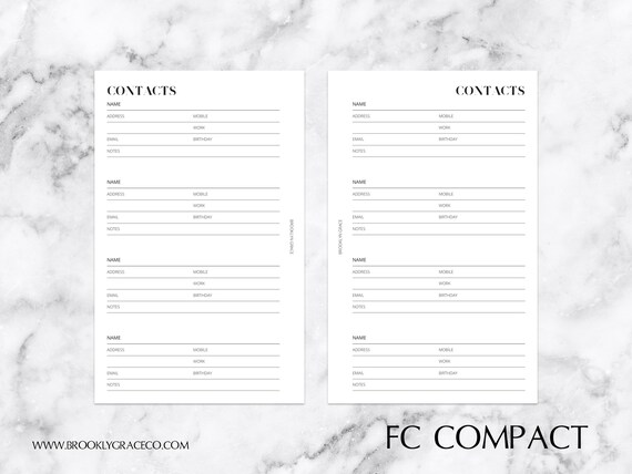 FC Compact PRINTABLE Contacts Planner Insert | Etsy