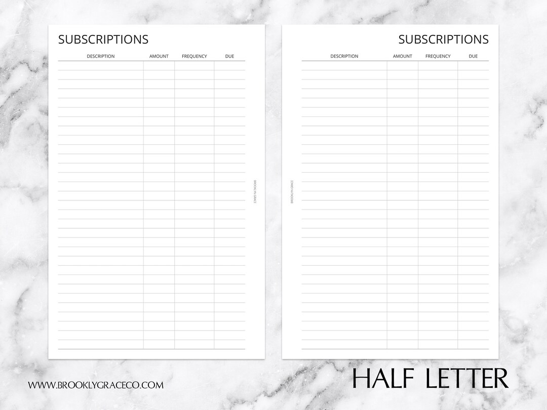 Half Letter PRINTABLE Subscription Tracker Planner Insert - Etsy