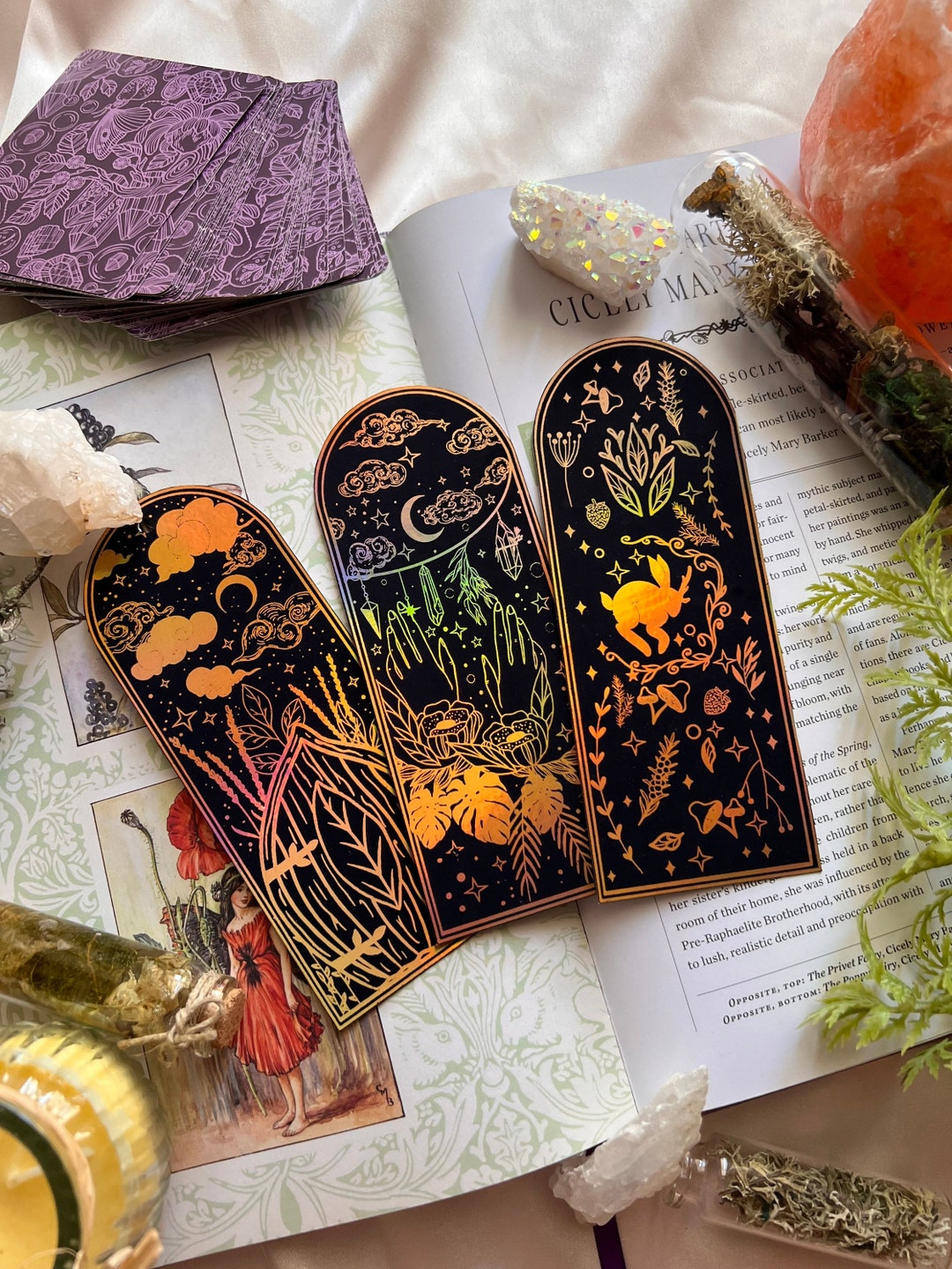 Set of 3 Holographic Bookmarks, Cottage Core Inspired Bookmarks, Witchy ...