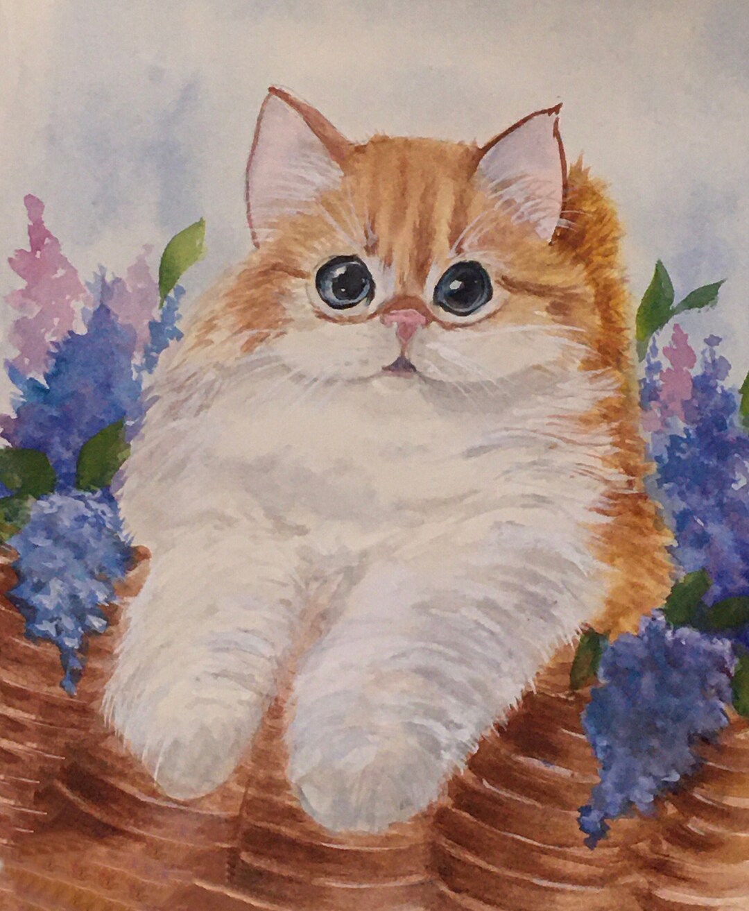 Set of 3 Kitten in Basket Watercolor Flower Greeting Card Flower Lilacs ...