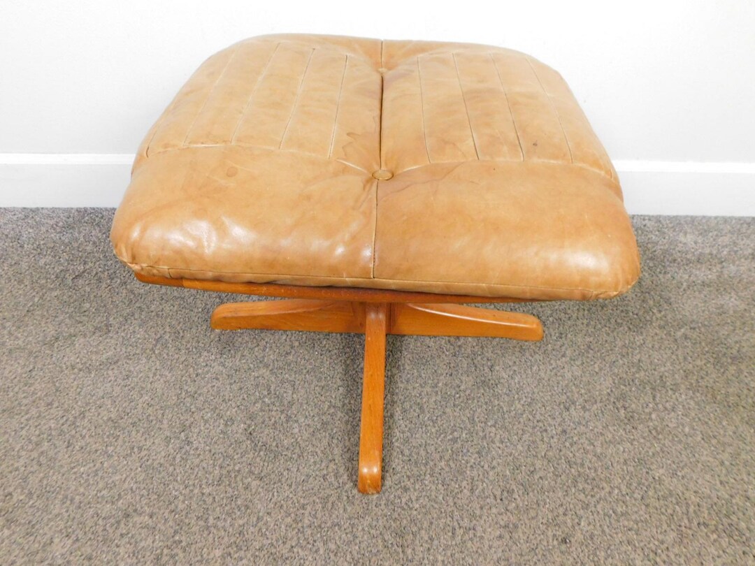 1970s Danish Modern MCM Teak Westnofa Style Tan Leather Ottoman ...