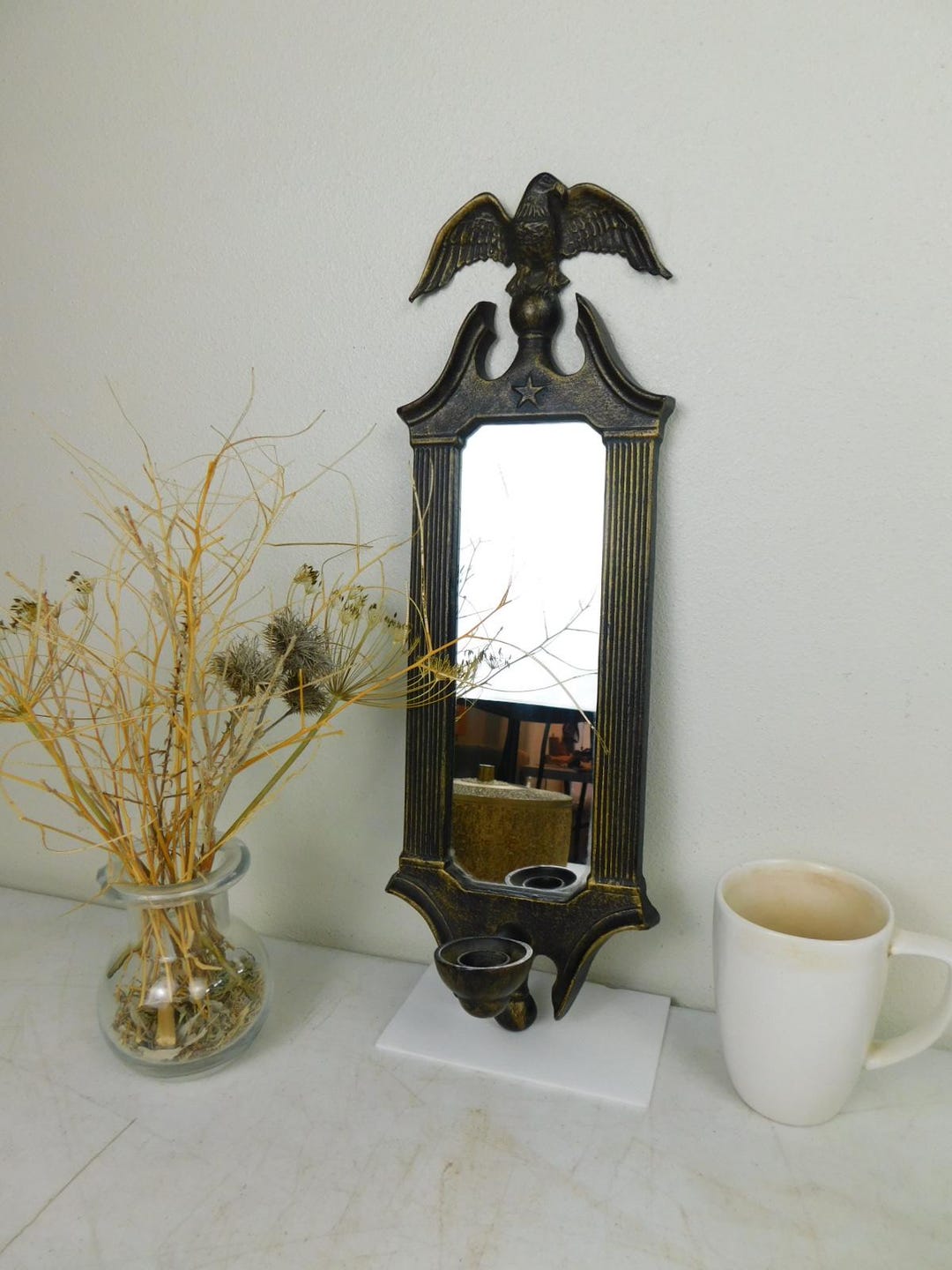 Federal Style Eagle Metal Antiqued Brass Candle Mirrored Wall Sconce ...