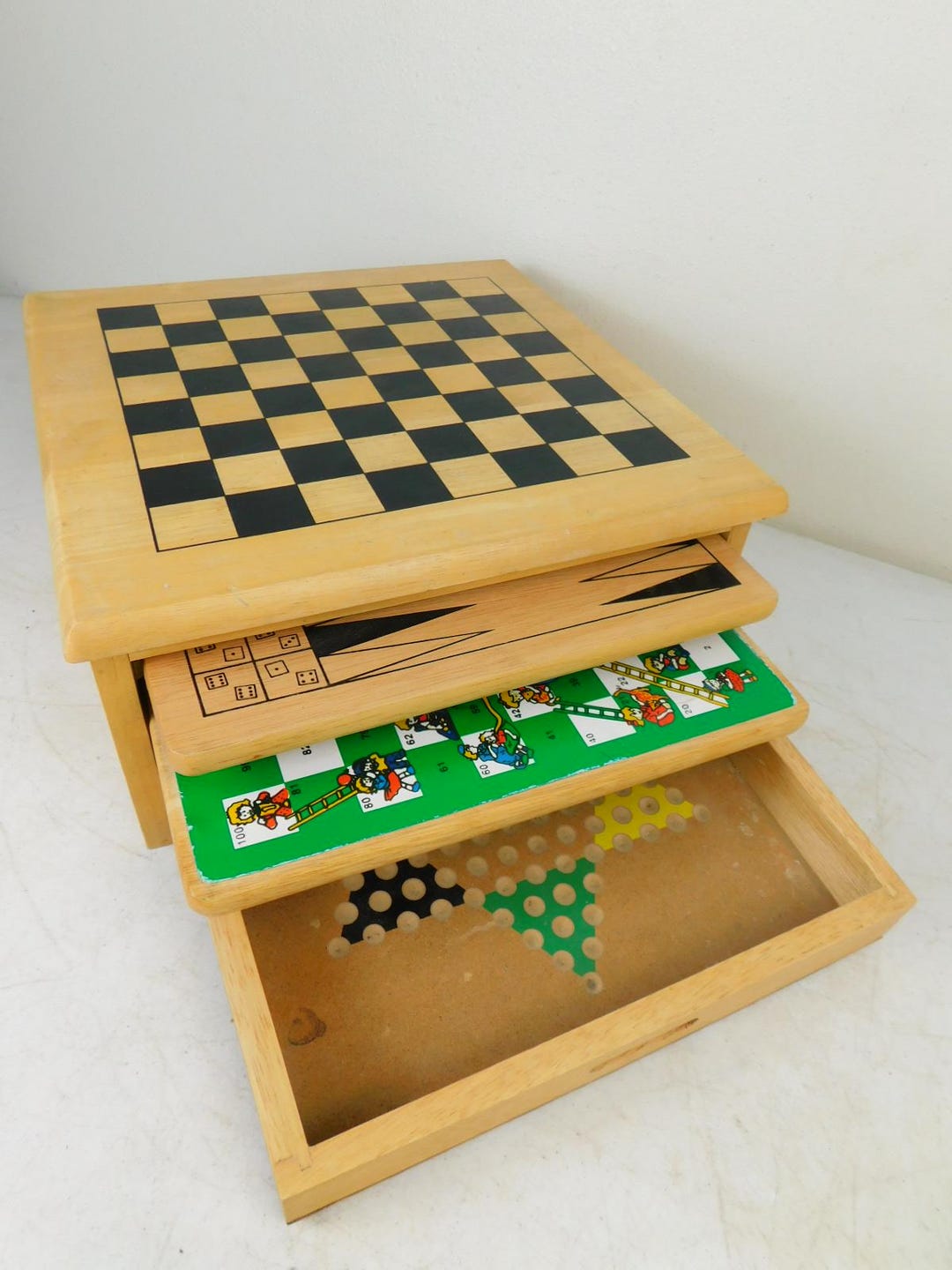 Quality! WOOD 6 Table Games Board Set 12" Chess Backgammon Parcheesi ...