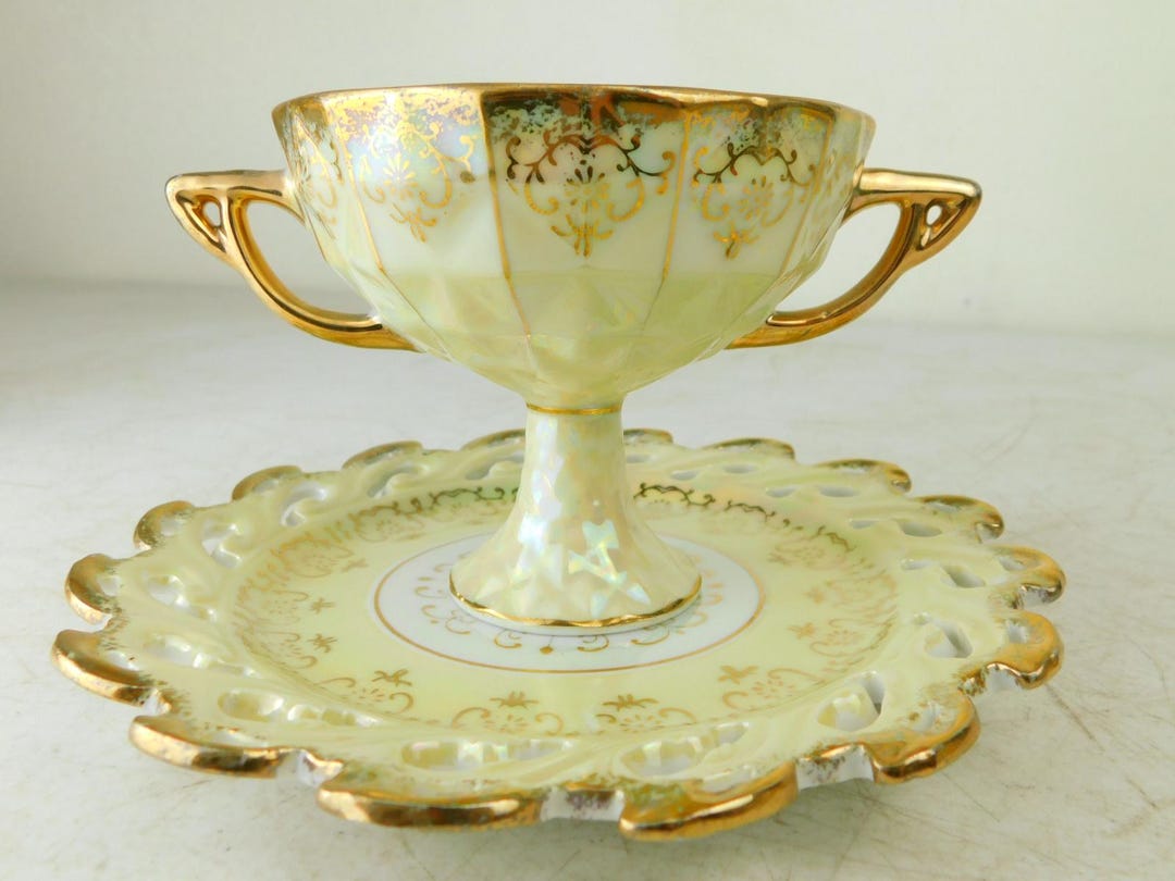Coffee Cup W Saucer Gold Gilt Pedestal Bouillon 2 Handle Tea Cup ...