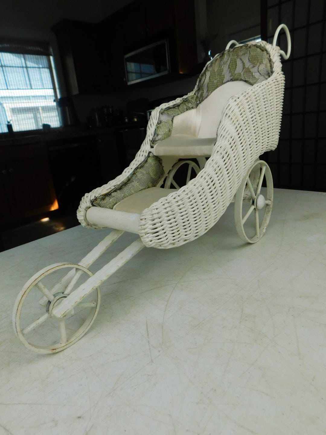 Rare 1950s Antique Victorian Doll Wicker Basket 3 Iron Wheel Stroller ...